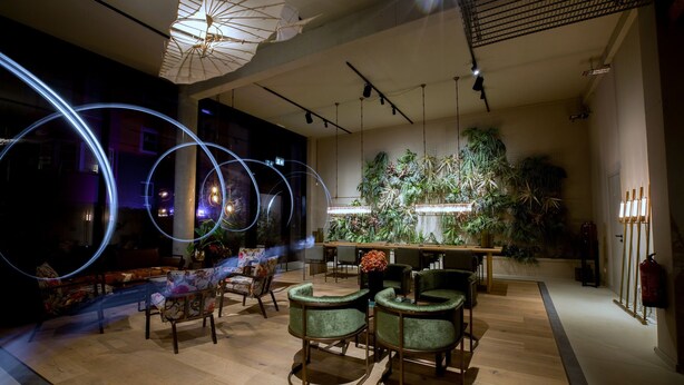 Uma área de estar moderna com piso de madeira, cadeiras estofadas em verde, um arranjo de plantas central e um bar.