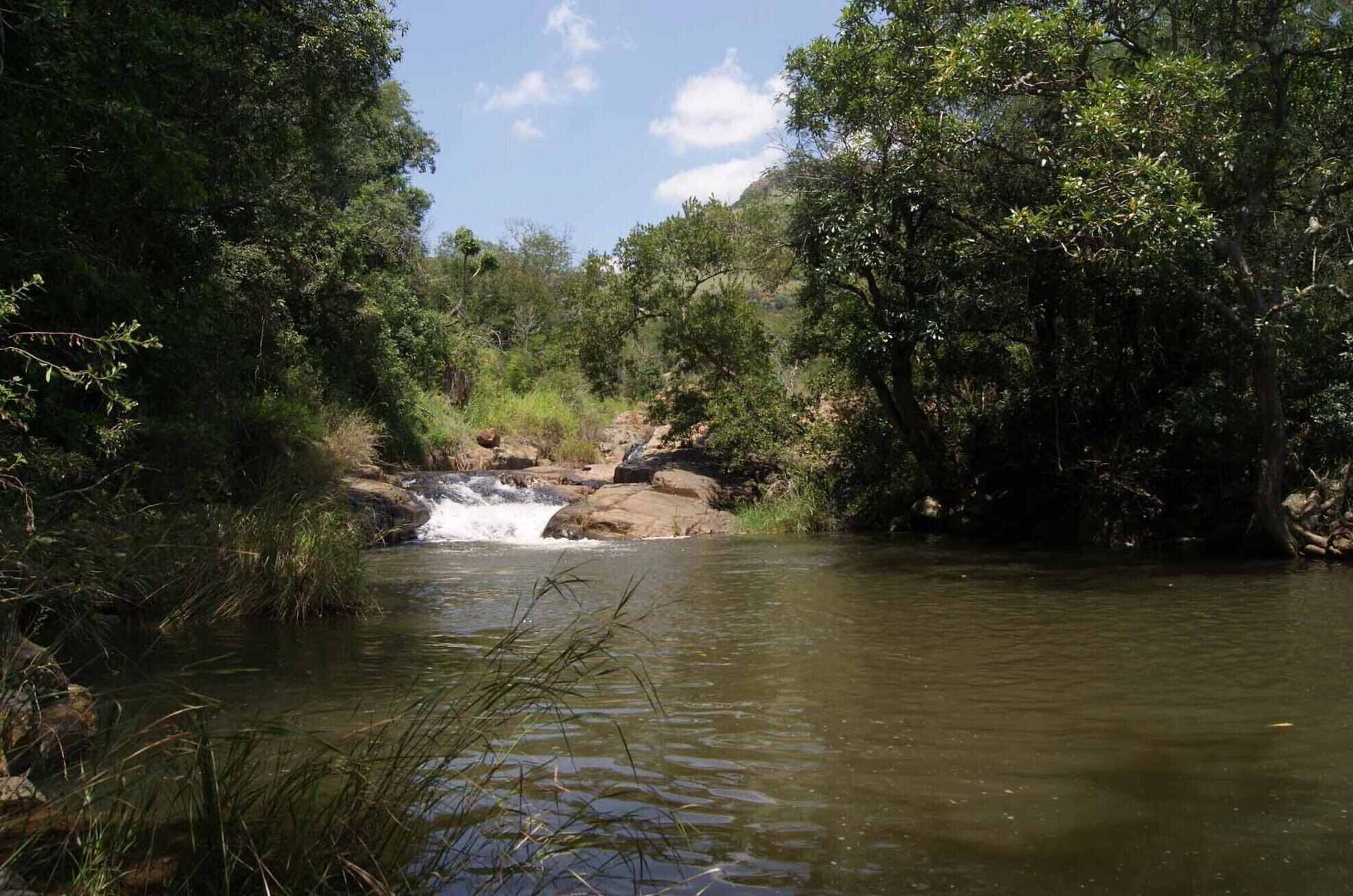 Paisagem natural com rio, terreno rochoso e vegetação densa.