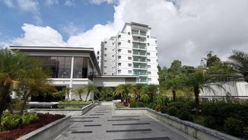 Um edifício moderno com telhado plano e grandes janelas, rodeado por área ajardinada com palmeiras e um passeio pavimentado.