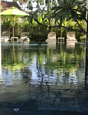 Piscina interna com água cristalina, rodeada por espreguiçadeiras e plantas em vasos.