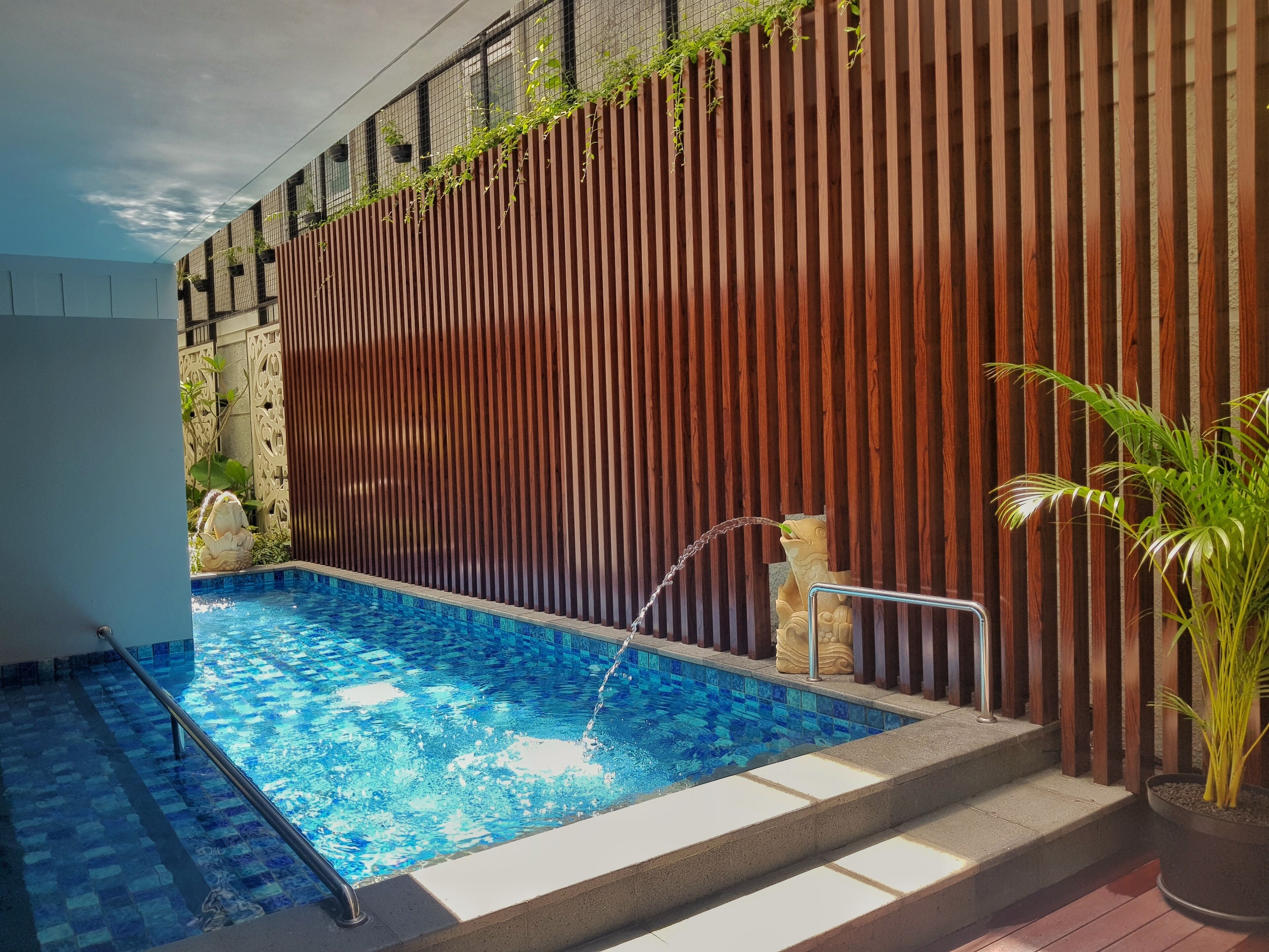 Uma piscina com cerca de madeira, degraus para entrar e uma planta em vaso ao lado.