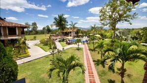 Um resort com um caminho pavimentado que leva a uma área de piscina, cercada por palmeiras e vegetação.