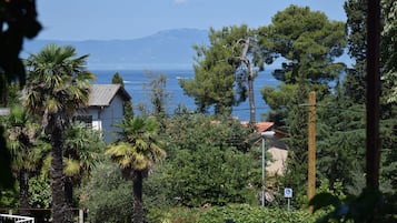 Vista costeira com uma casa, vegetação densa e céu claro.