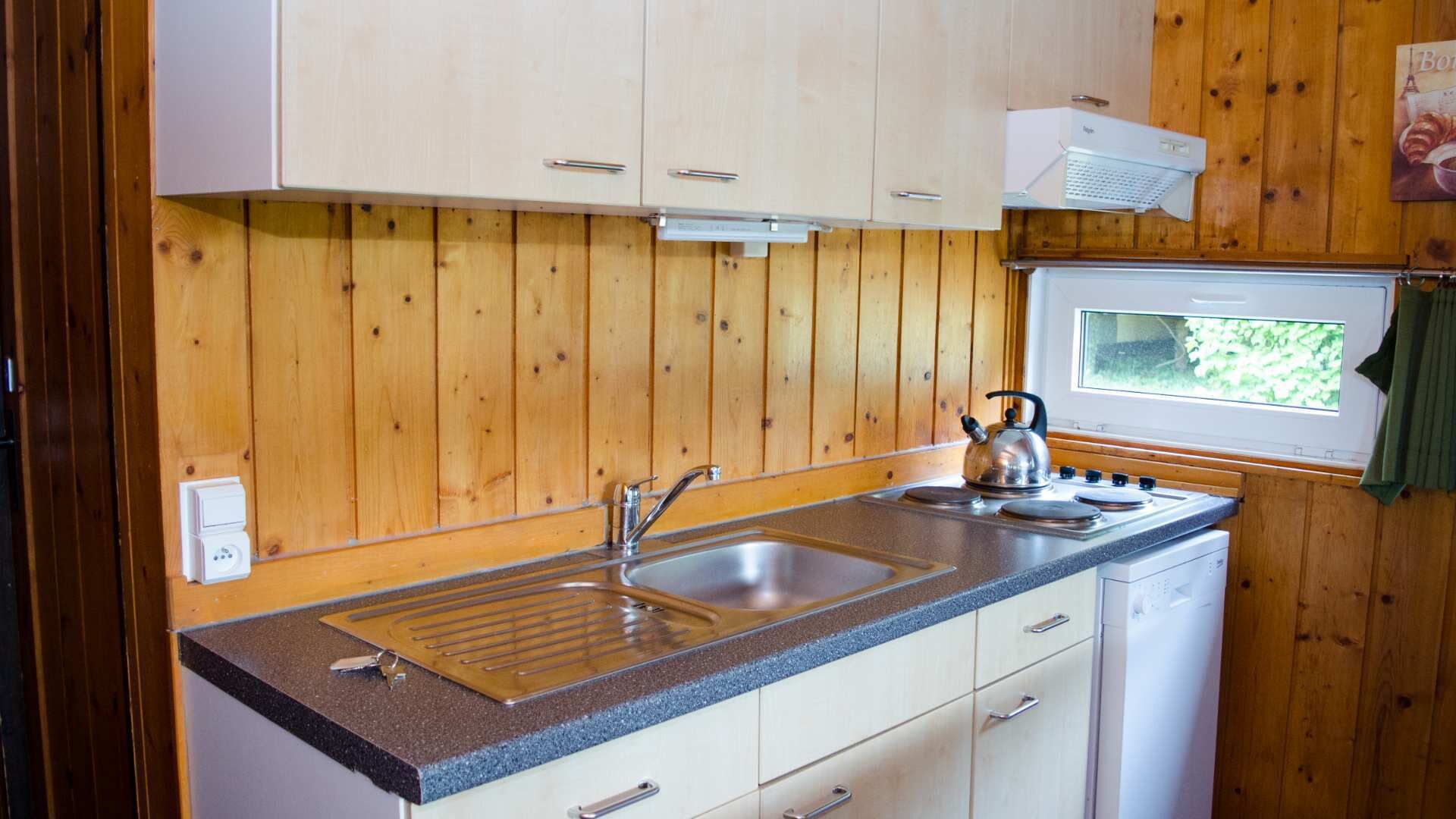 Cozinha compacta com paredes de madeira, uma janela e comodidades básicas.