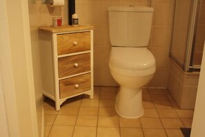 Apartamento, 1 quarto, sacada (Waldblick) | Banheiro | Chuveiro, secador de cabelo, toalhas de banho, papel higiênico