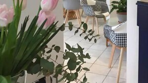 Um interior moderno com área de jantar que combina cadeiras contemporâneas e clássicas, um espelho grande na parede e um vaso com planta.