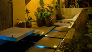 Uma casa moderna com entrada bem iluminada, plantas em vasos e um espelho d'água.
