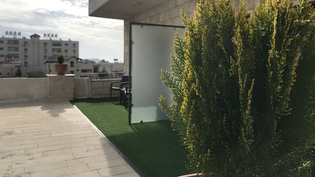 Terraço no telhado com grama sintética verde, plantas em vasos e área de estar.