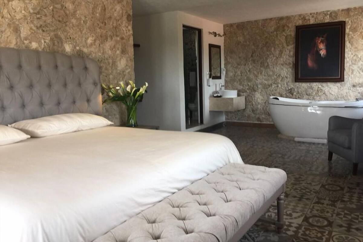 Quarto superluxo, banheira de hidromassagem | Ferros/tábuas de passar roupa, roupa de cama