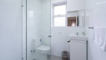 Apartamento Deluxe | Casa de banho | Um polibã, um secador de cabelo, toalhas fornecidas