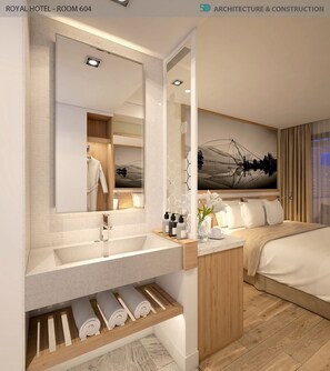 Quarto de hotel moderno com um espelho grande, toucador de madeira, cama com vista para a cidade e um quadro na parede.