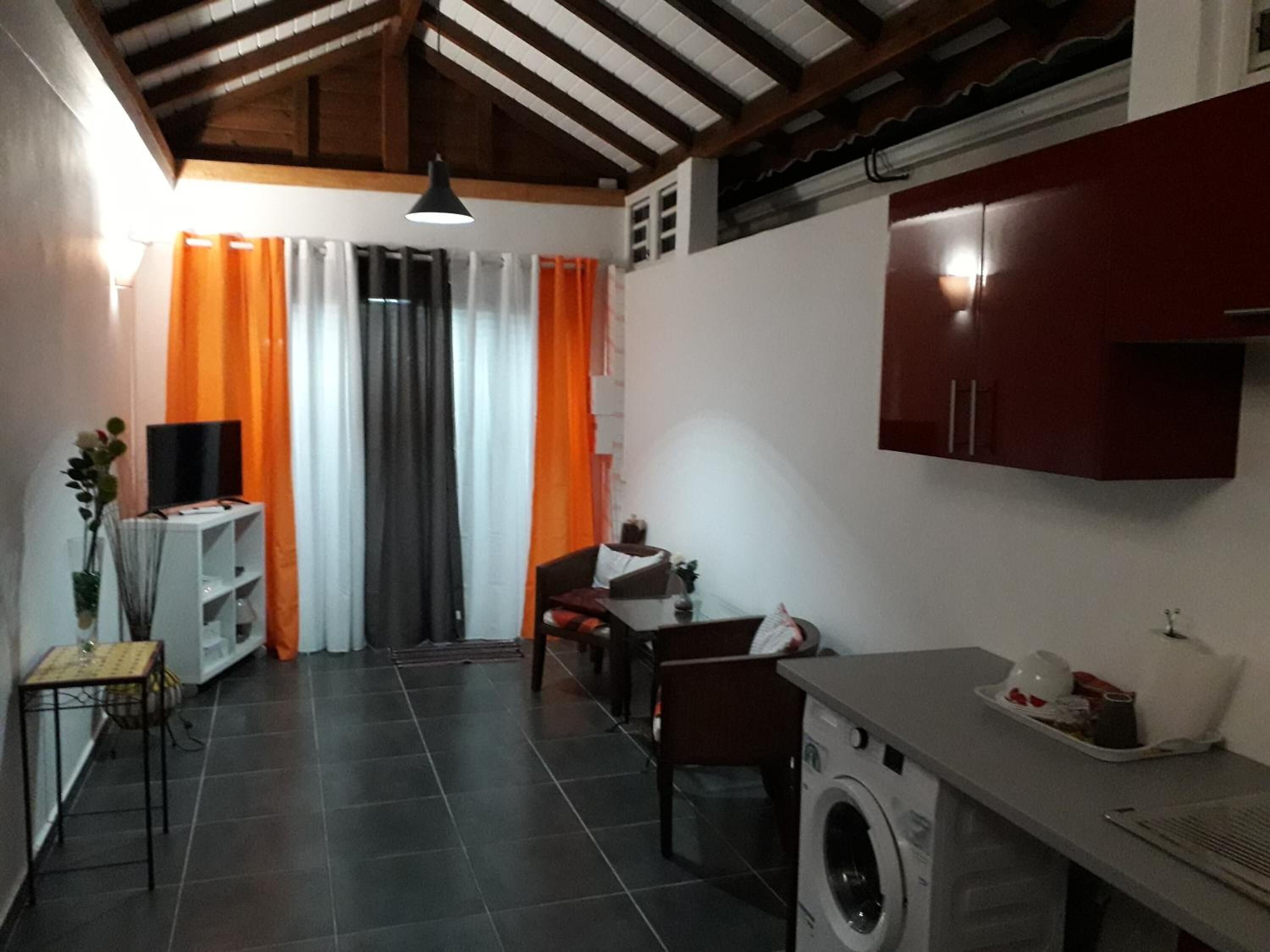 Cozinha compacta com máquina de lavar, área de refeições com mesa e cadeiras, e uma TV sobre um suporte.
