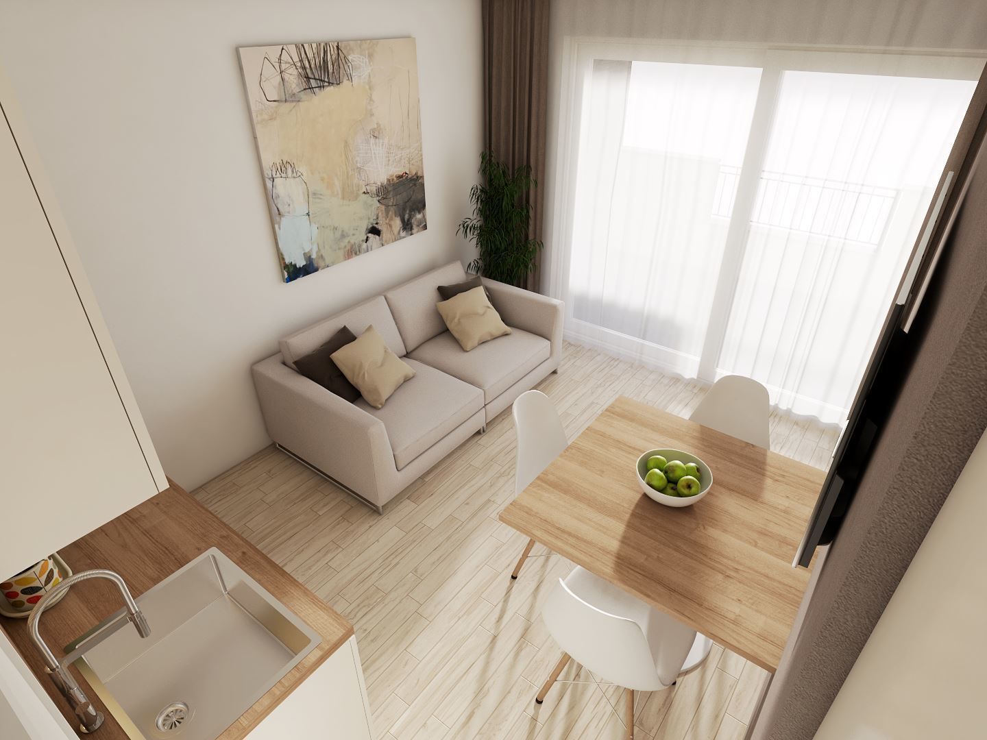 Uma sala de estar moderna com sofá, mesa de jantar com cadeiras, área de cozinha com pia e uma grande janela com cortinas.