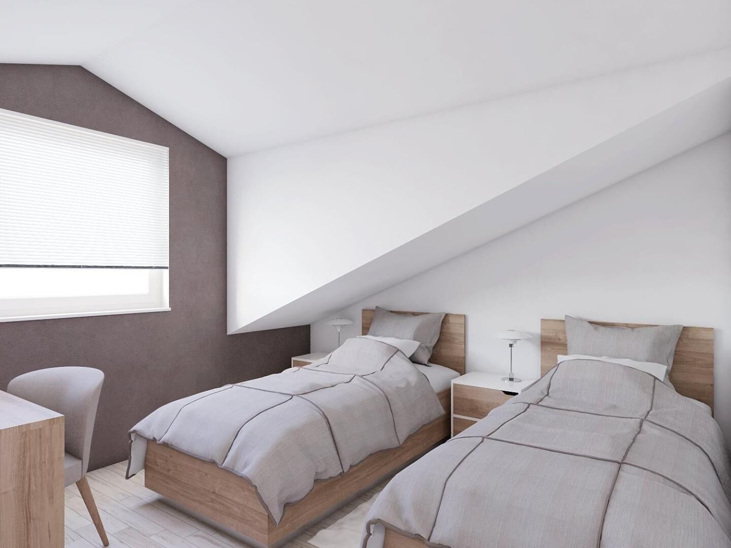 Quarto moderno com teto inclinado, duas camas, uma escrivaninha e uma janela com persianas.