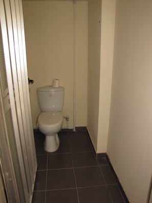 Um banheiro pequeno e estreito, com vaso sanitário, rolo de papel higiênico e cano aparente.