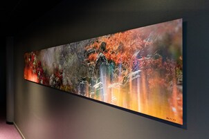 Um quadro comprido e estreito na parede.