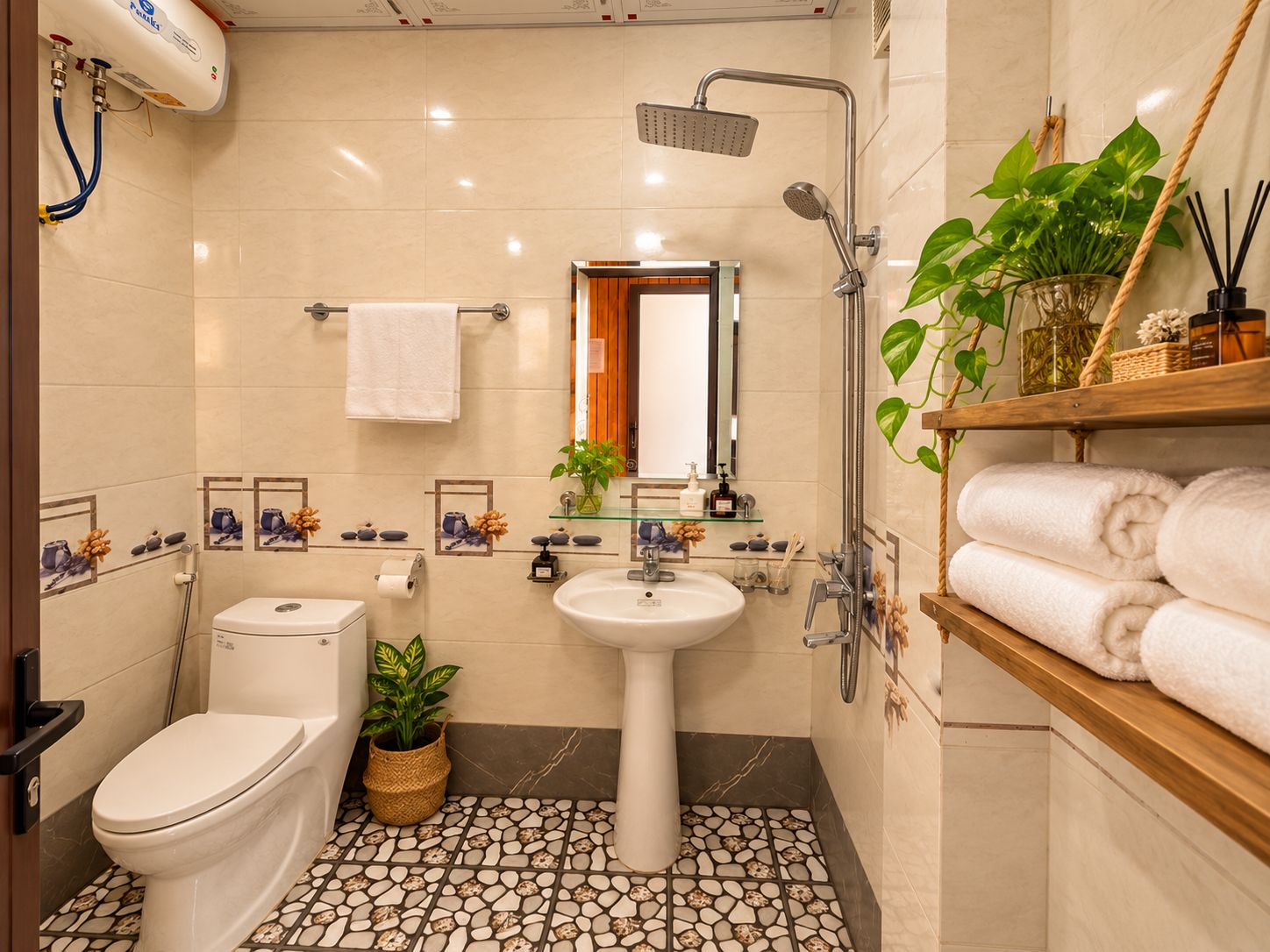 Casa de banho com sanita, lavatório, chuveiro e um porta-toalhas.