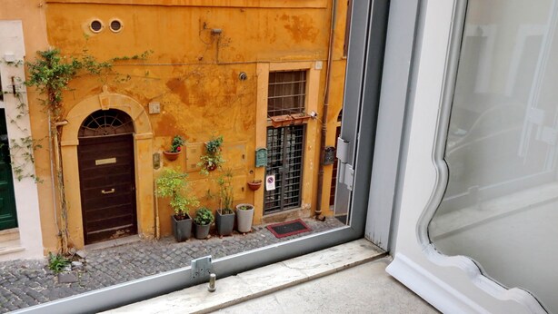 Uma rua estreita com um edifício amarelo com uma porta castanha, uma janela com persianas e várias plantas em vasos.