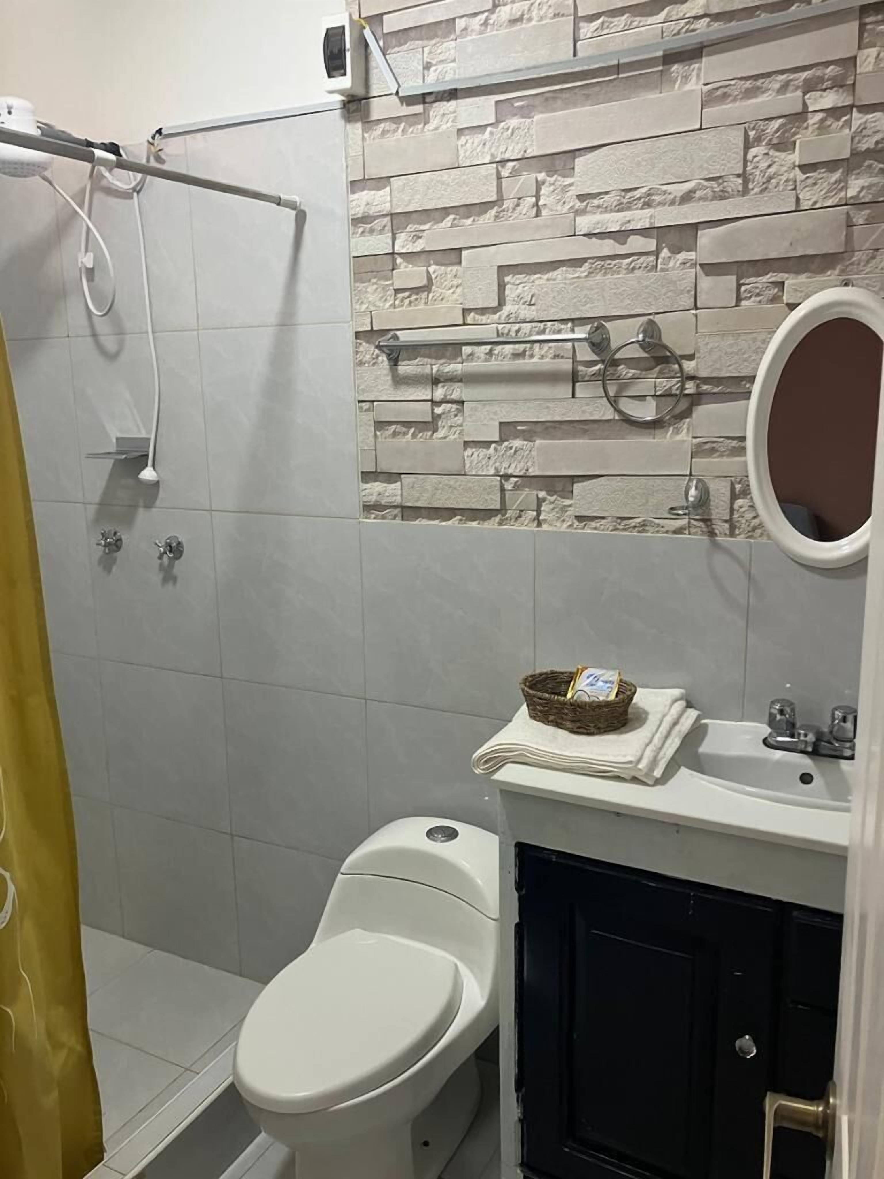 Casa de banho com sanita branca, chuveiro com porta de vidro, lavatório com espelho e parede com padrão de pedra.