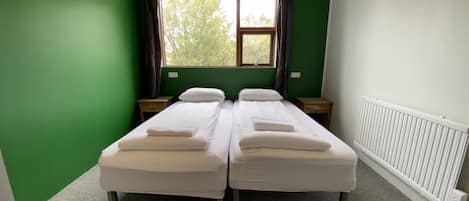 Quarto com duas camas de solteiro, janela com cortinas, radiador e paredes verdes.