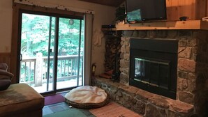 Um quarto aconchegante com lareira de pedra, televisão fixada acima e porta de vidro deslizante para uma varanda.
