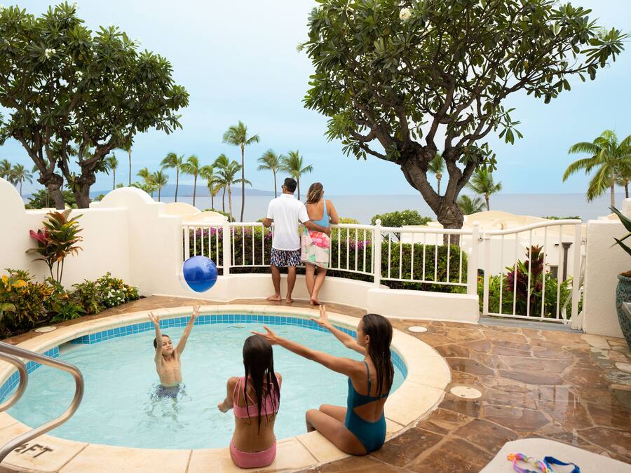 Piscina com vista para o oceano, cercada por palmeiras e um muro branco.