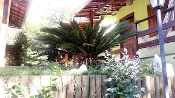 Cerca de madeira com uma planta grande no centro, uma pérgula de madeira e um edifício com parede amarela e venezianas de madeira ao fundo.