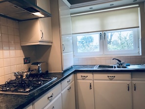 Apartamento luxo, vista para o jardim | Cozinha privada | Geladeira grande, micro-ondas, fogão, cooktop