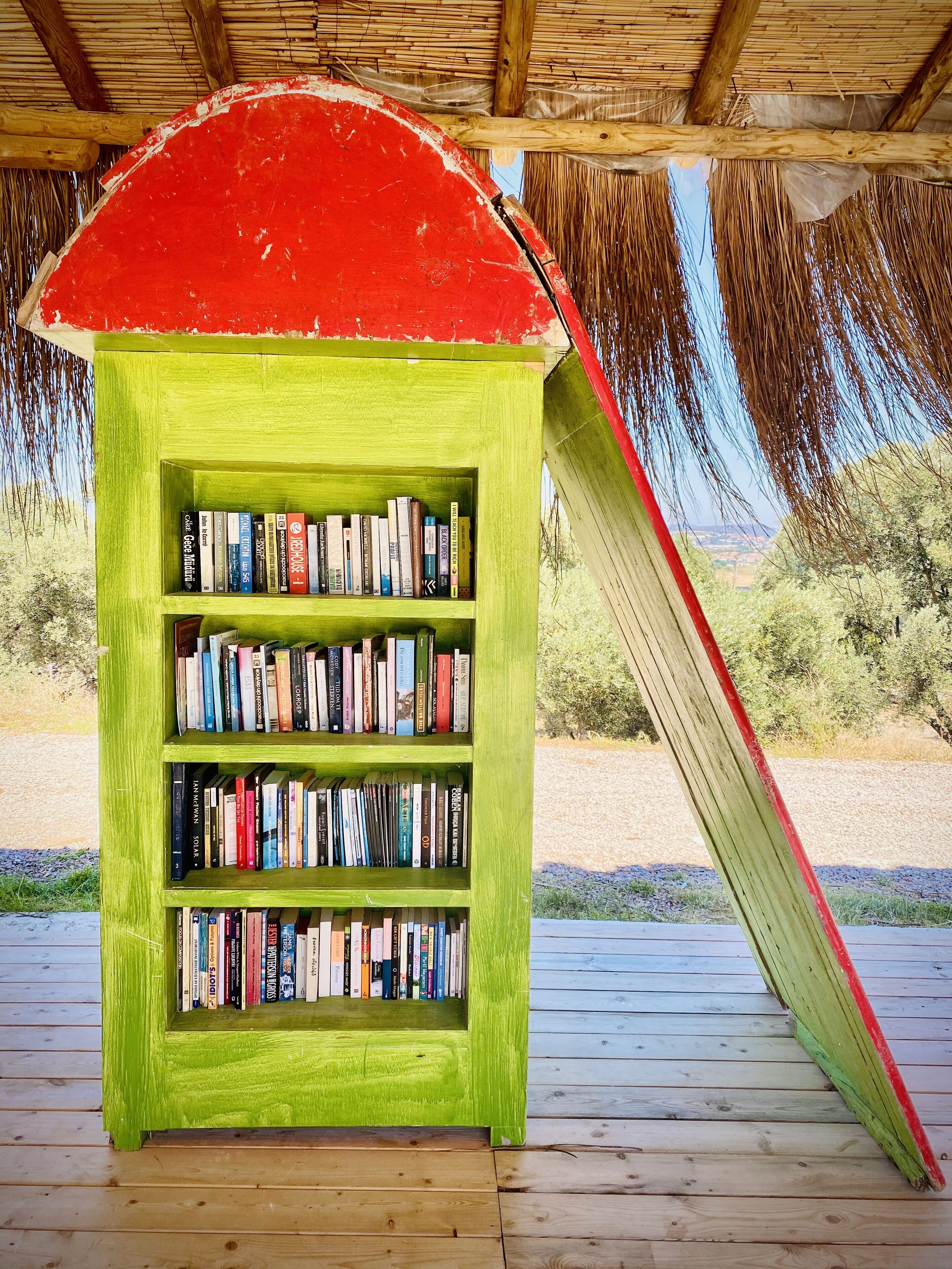 Uma estante verde cheia de livros sob um telhado vermelho, sobre um deck de madeira.