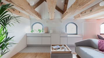 Apartamento Exclusivo, vista para o rio (2) | Cozinha privada | Um frigorífico, uma placa de cozinha, uma chaleira elétrica