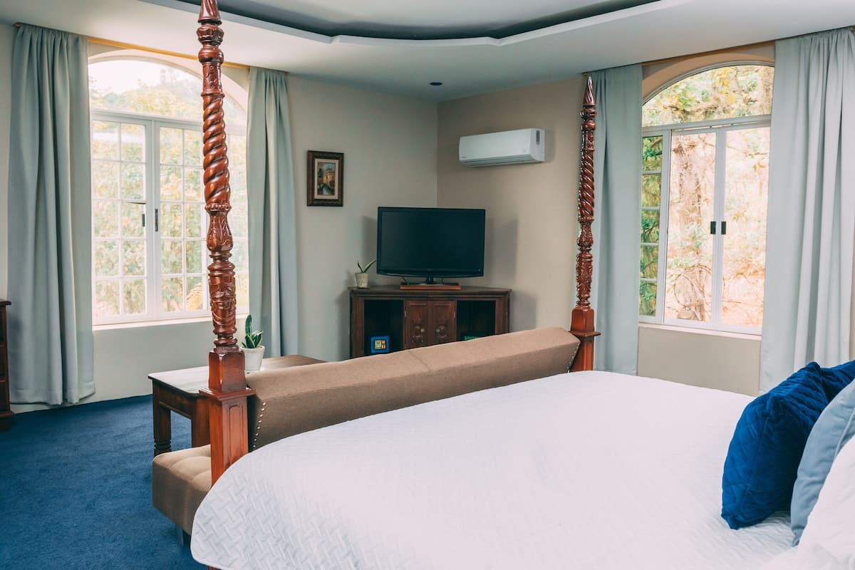Quarto com cama de dossel, televisão sobre um armário de madeira e janelas amplas com cortinas.