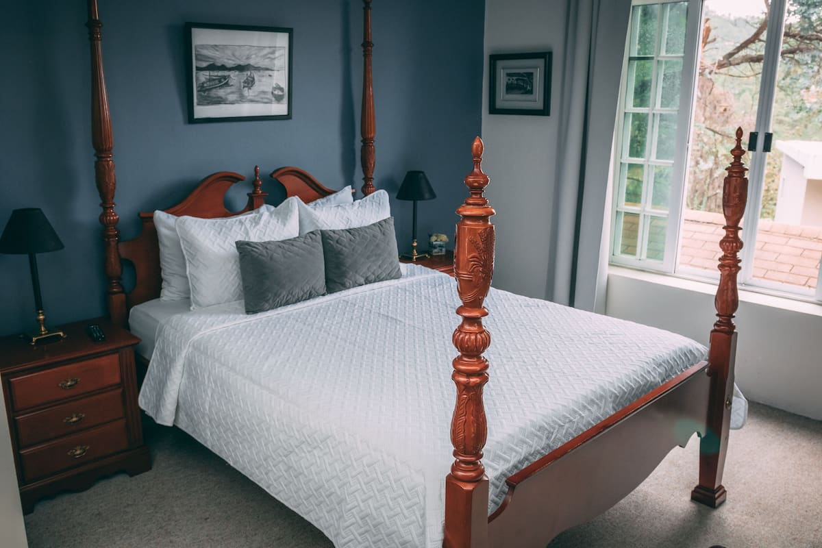Quarto com cama de dossel, mesa de cabeceira com abajur e janela com vista para o verde.