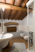 Casa de banho com teto de madeira, lavatório branco, bidé e cabine de duche em vidro.