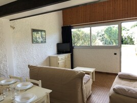 Apartamento básico, várias camas | Área de estar | TV de tela plana