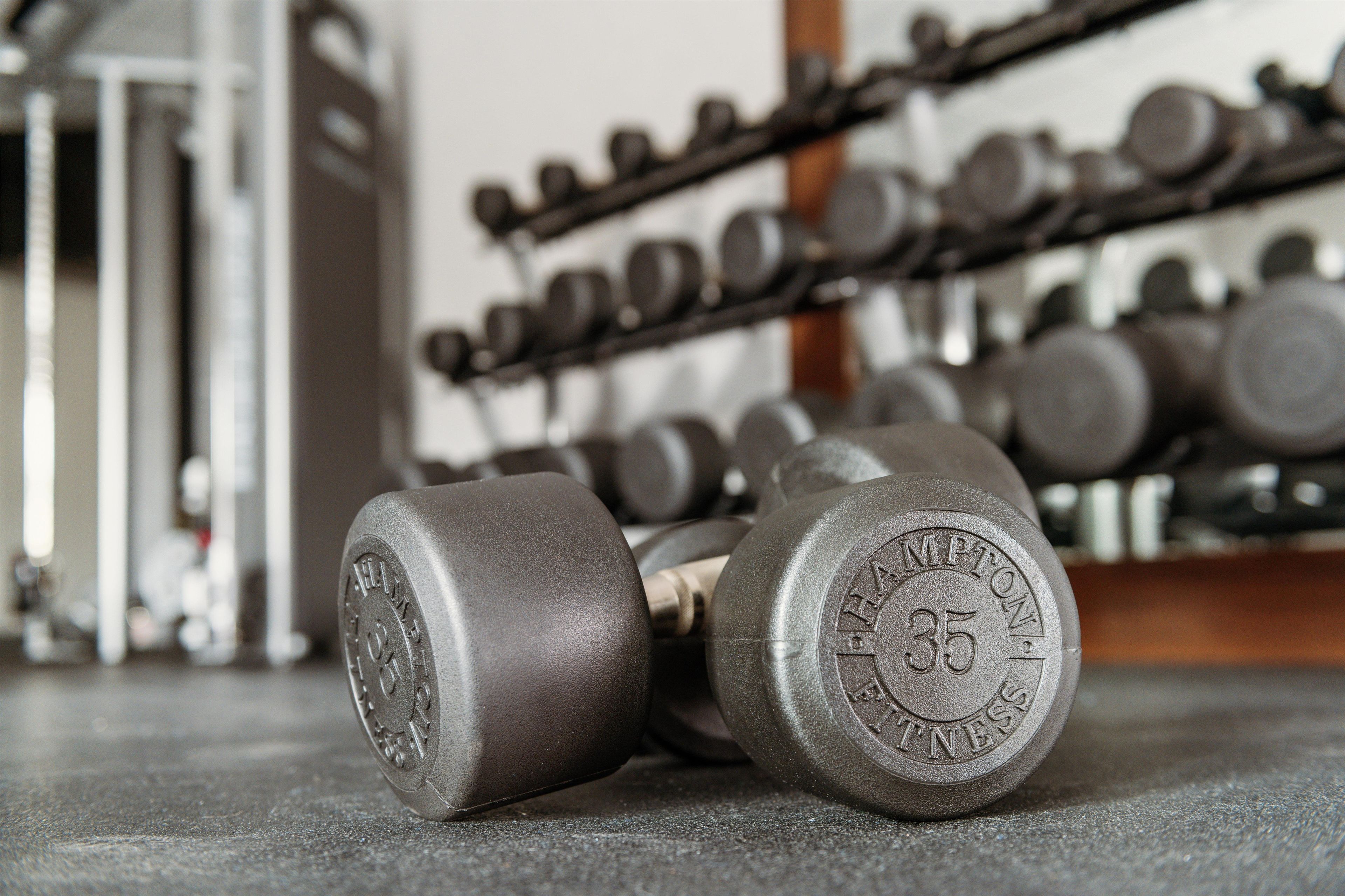 Close-up de um halter de musculação com a inscrição "HAMPTON FITNESS" e um peso de 15,9 kg.