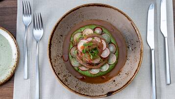 Um prato de comida com uma base verde, coberto de rabanetes, ervas e fatias de carne.
