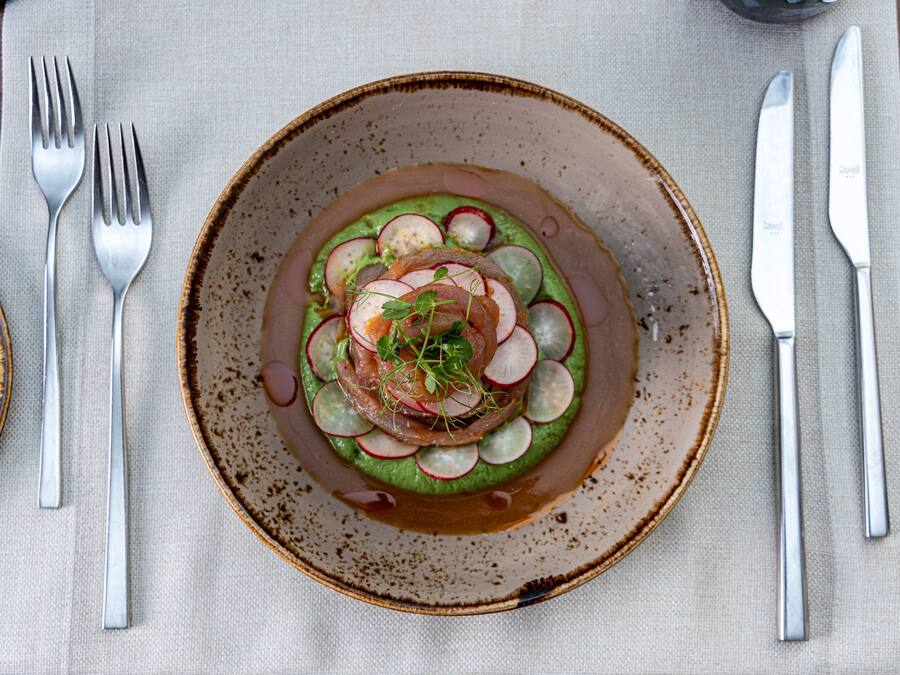 Um prato de comida com uma base verde, coberto de rabanetes, ervas e fatias de carne.