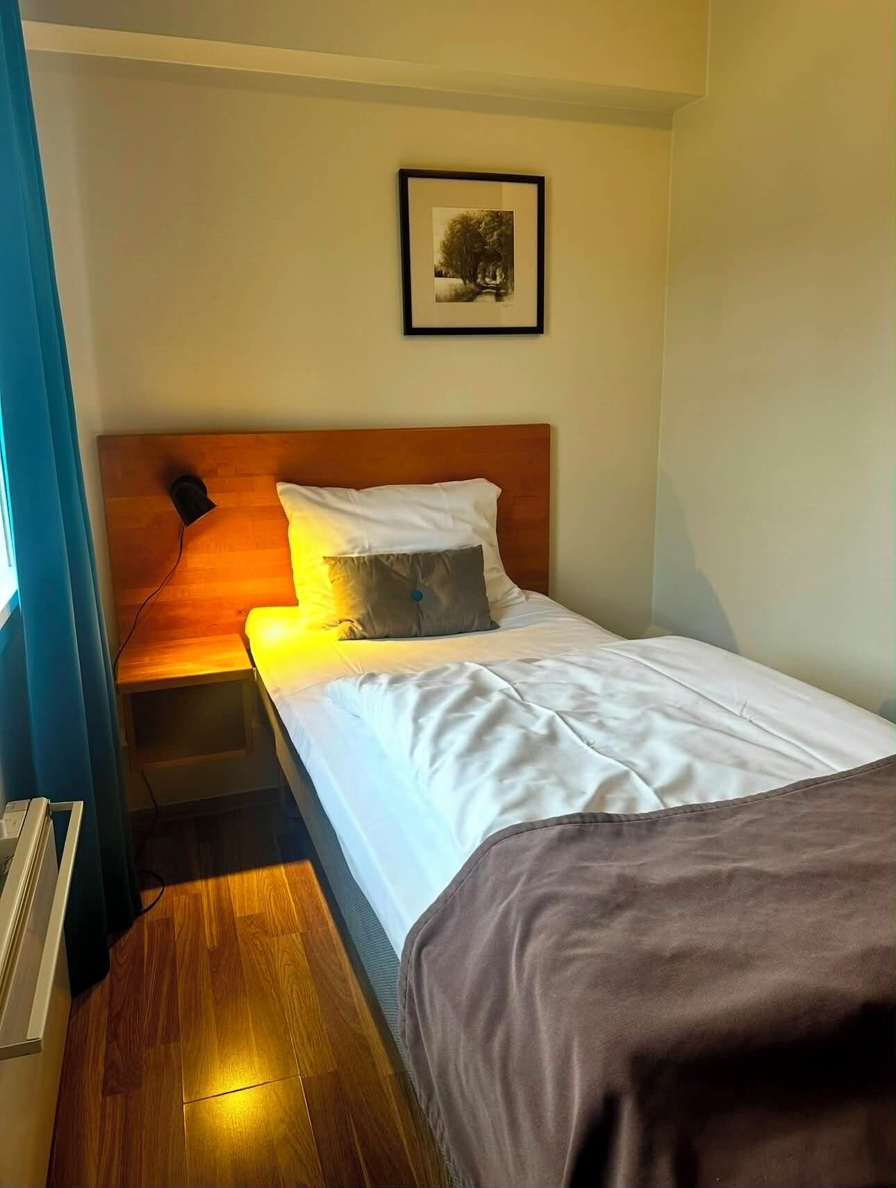 Uma cama de solteiro com cabeceira de madeira, mesa de cabeceira, abajur e um quadro na parede.