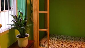 Uma cama beliche com escada, um vaso de planta e uma janela com grades.