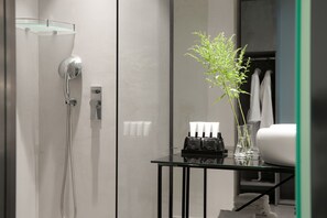 Chuveiro, produtos de toalete grátis, secador de cabelo