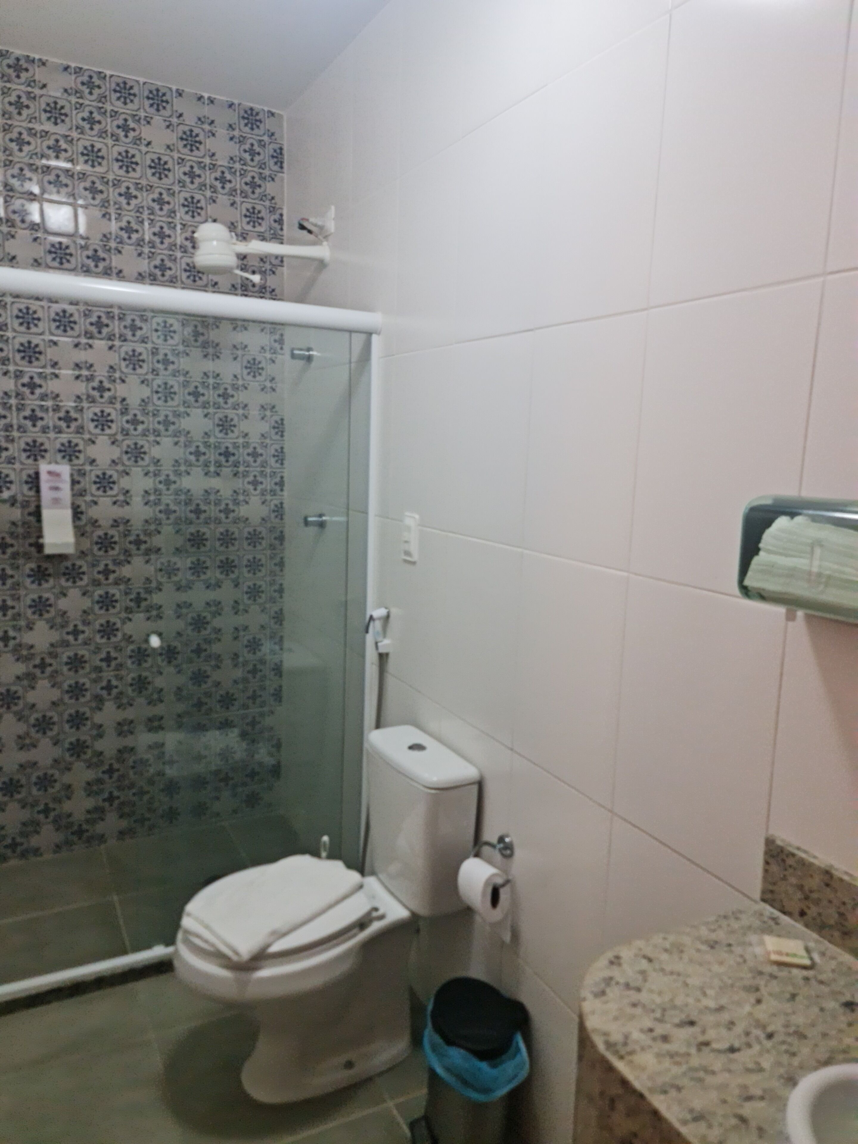 Casa de banho com sanita, cabine de duche em vidro e lavatório com bancada.