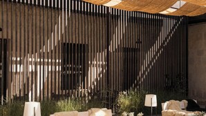 Uma área de estar externa com um sofá, uma mesa de centro e uma luminária.