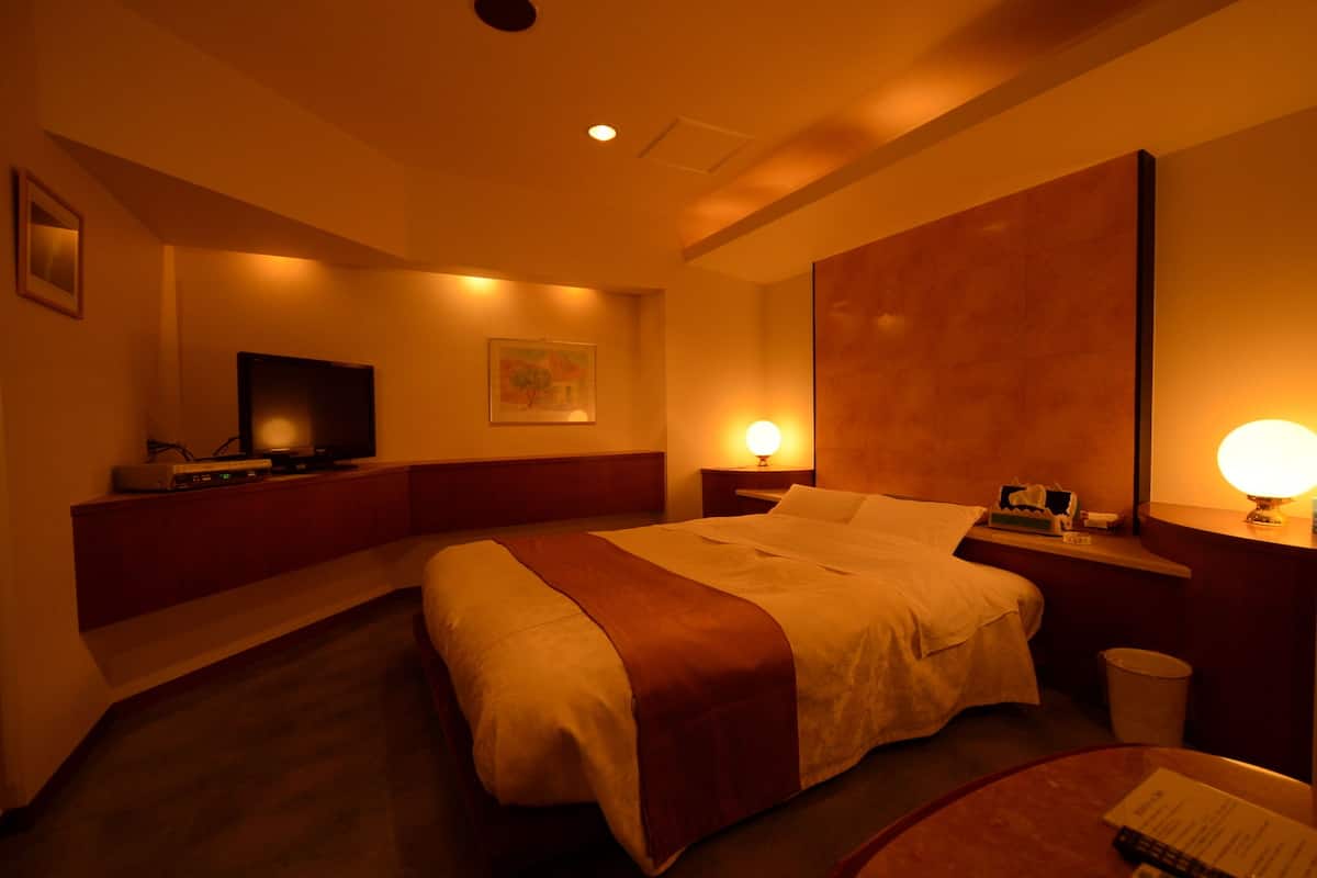 Quarto de hotel com cama, mesas de cabeceira, televisão e um quadro na parede.