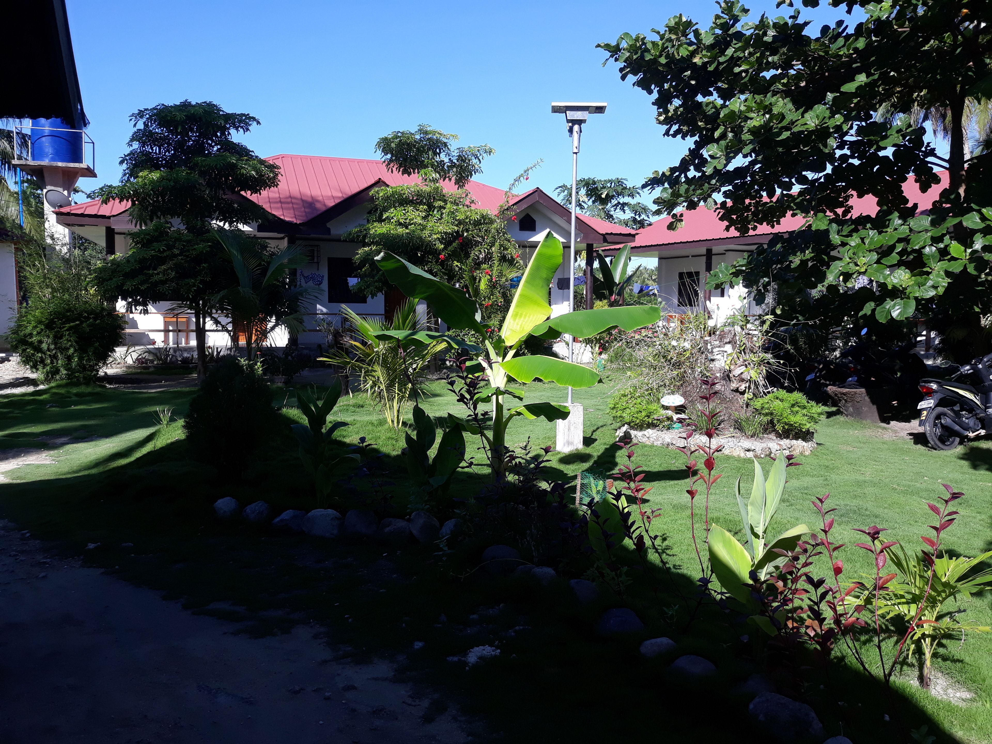 Zona residencial com casas, um poste de luz solar e um jardim bem cuidado com diversas plantas e gramado.