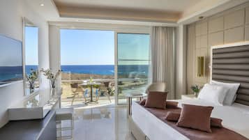 Quarto Superior, 1 quarto, varanda, vista para a praia | 1 quarto, roupa de alta qualidade, camas de colchão Tempur-Pedic