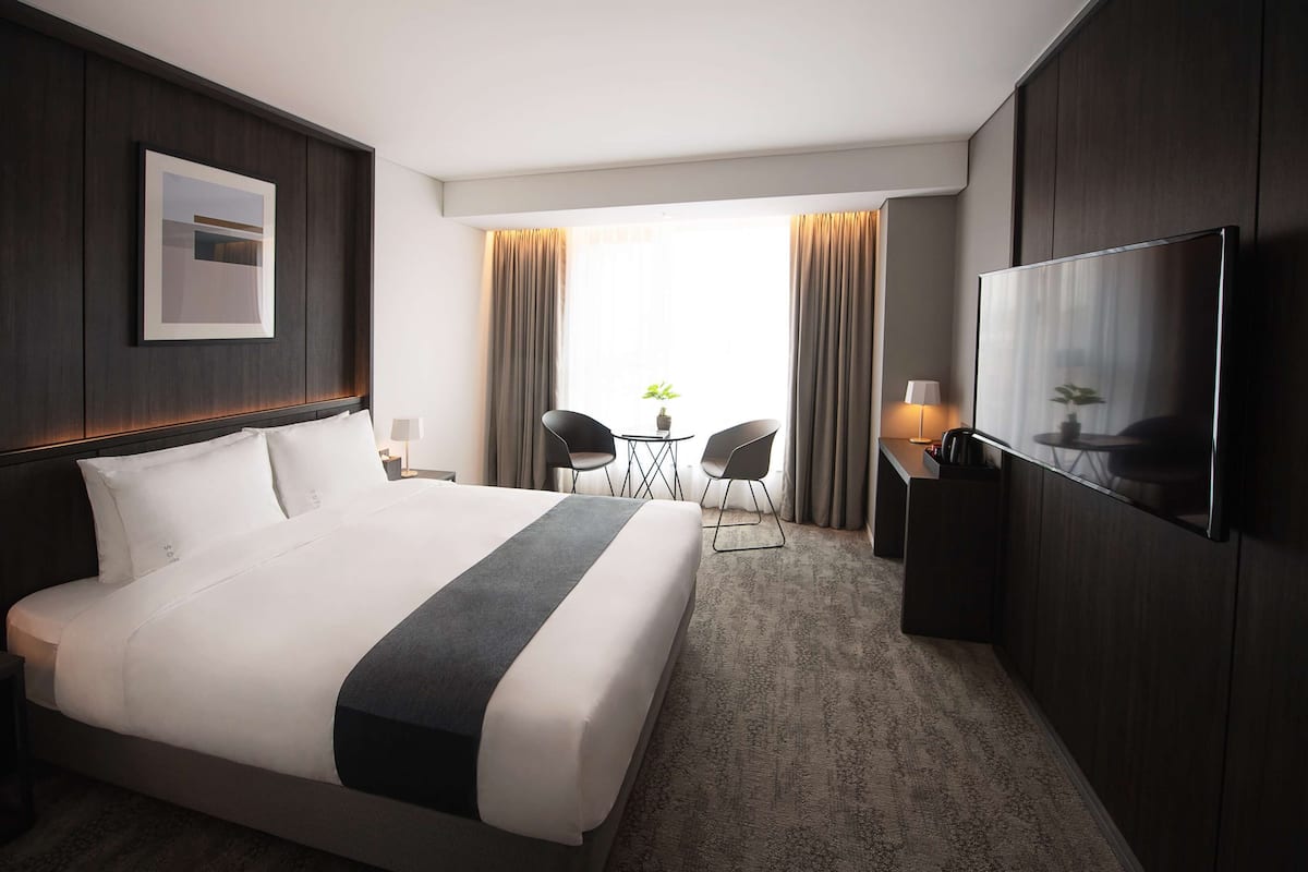 Quarto de hotel com uma cama grande, televisão, escrivaninha com abajur, duas cadeiras e uma mesinha com uma planta.