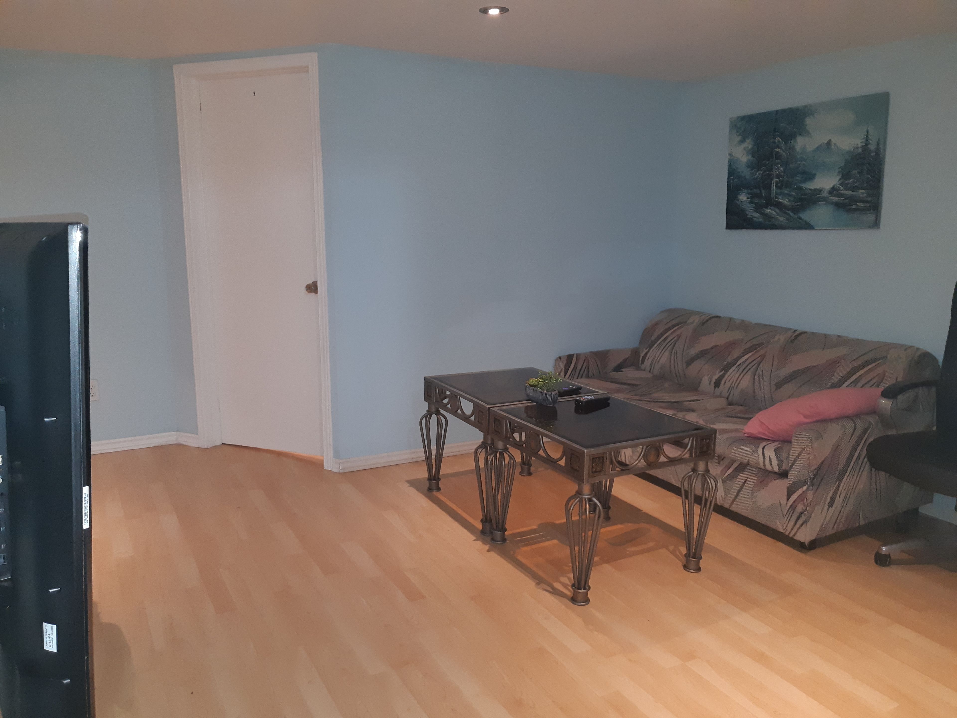 Uma sala de estar com piso de madeira, um sofá, uma mesa de centro e um quadro na parede.