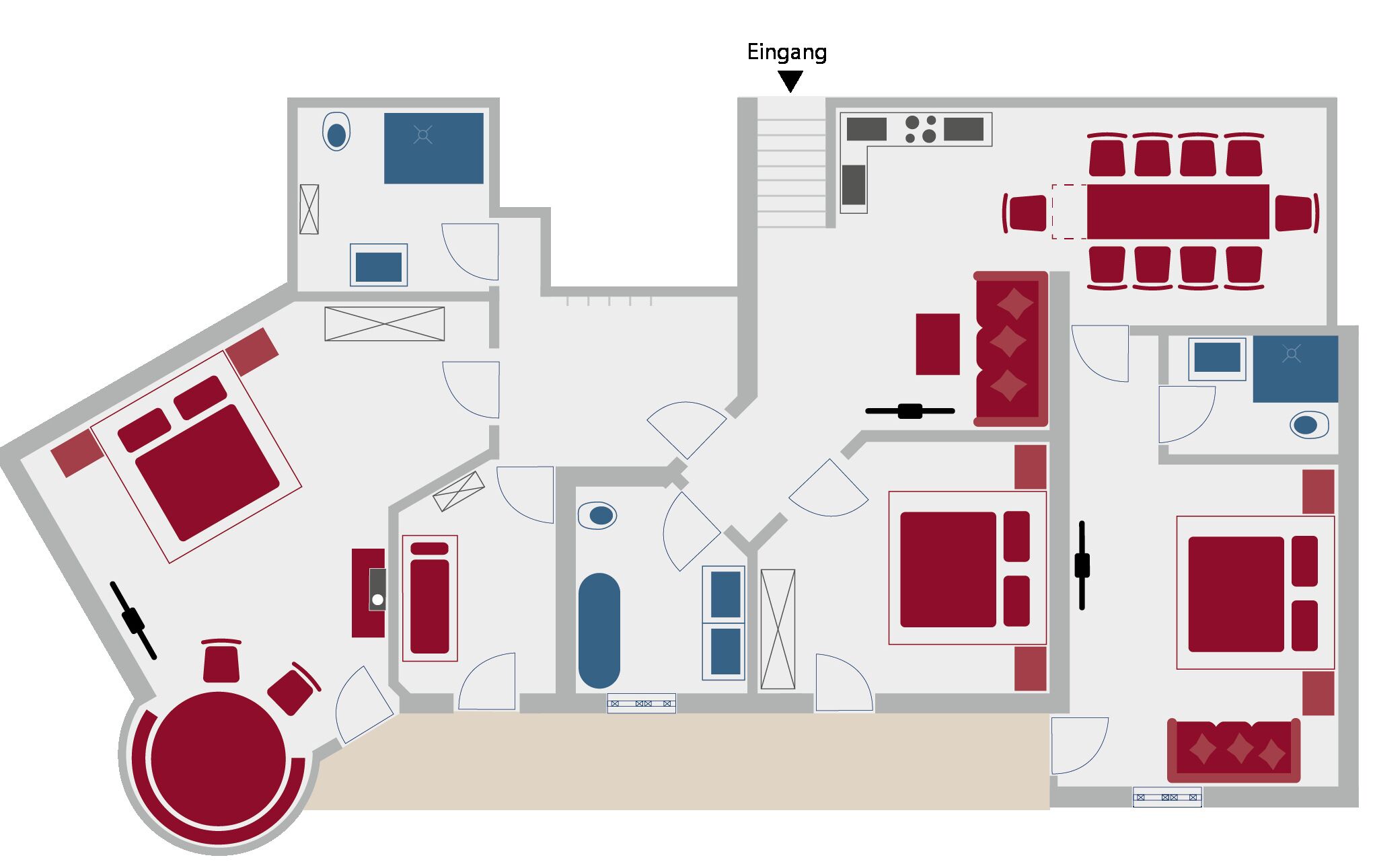 Layout de um hotel mostrando vários quartos, uma sala de jantar e uma cozinha.