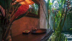 Casa de banho com lavatório de madeira, espelho e uma planta em vaso.