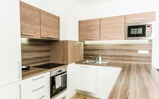 Apartamento Comfort | Cozinha privada | Um frigorífico/congelador grande, um micro-ondas, um forno 